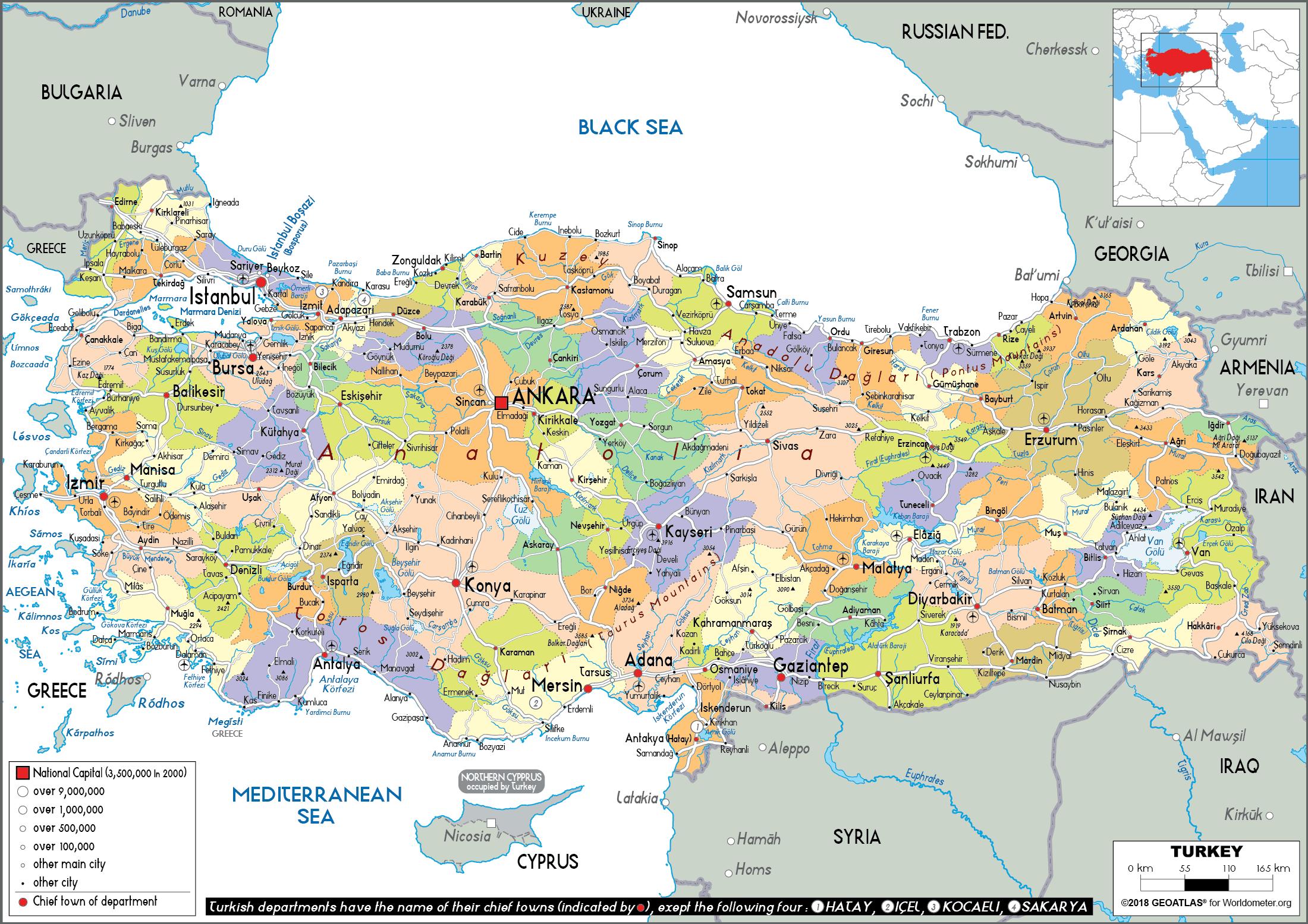 Turecko politická mapa - Mapa Turecka politické (Západní Asie - Asie)